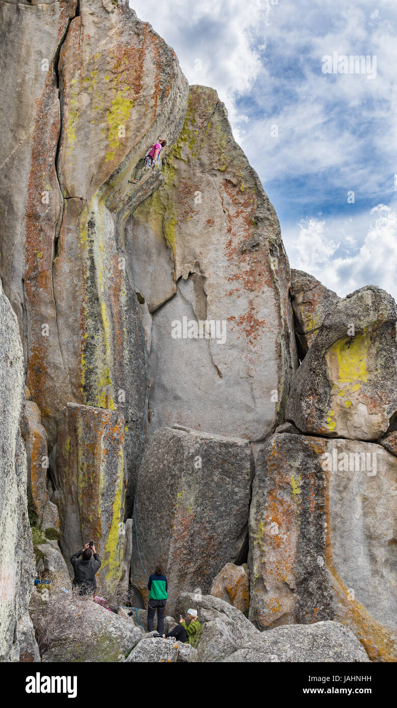Nic Houser climbs a route called Interceptor 5.11a at the City of Rocks ...