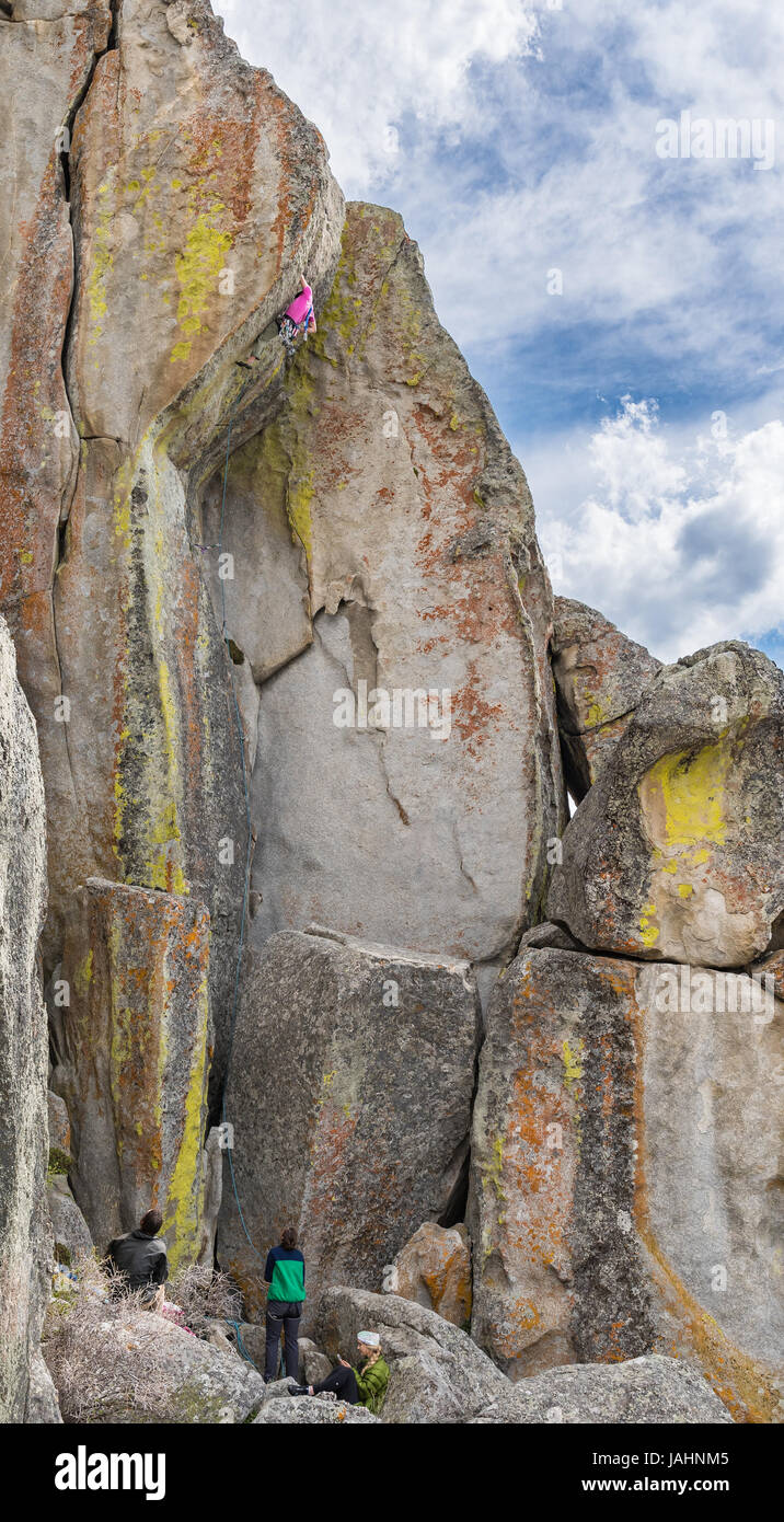 Nic Houser climbs a route called Interceptor 5.11a at the City of Rocks ...
