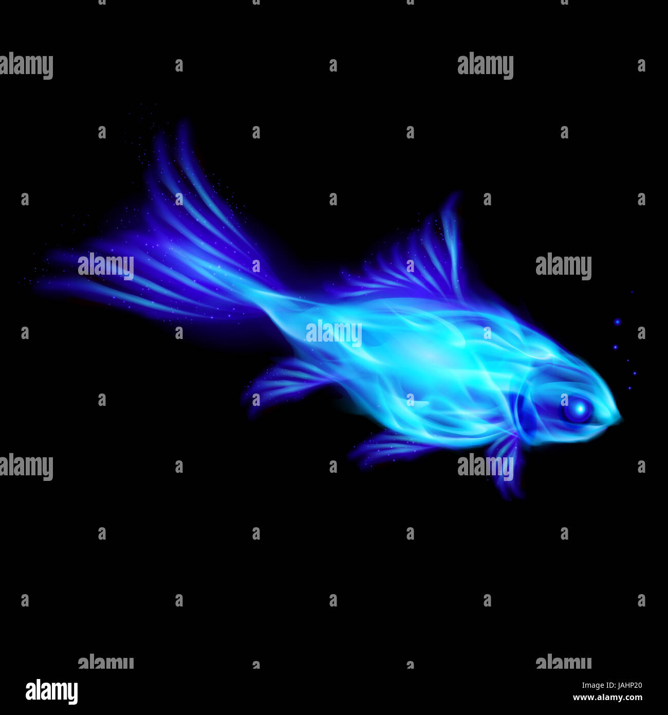 Illustration of blue fire fish on black background Stock Photo - Alamy