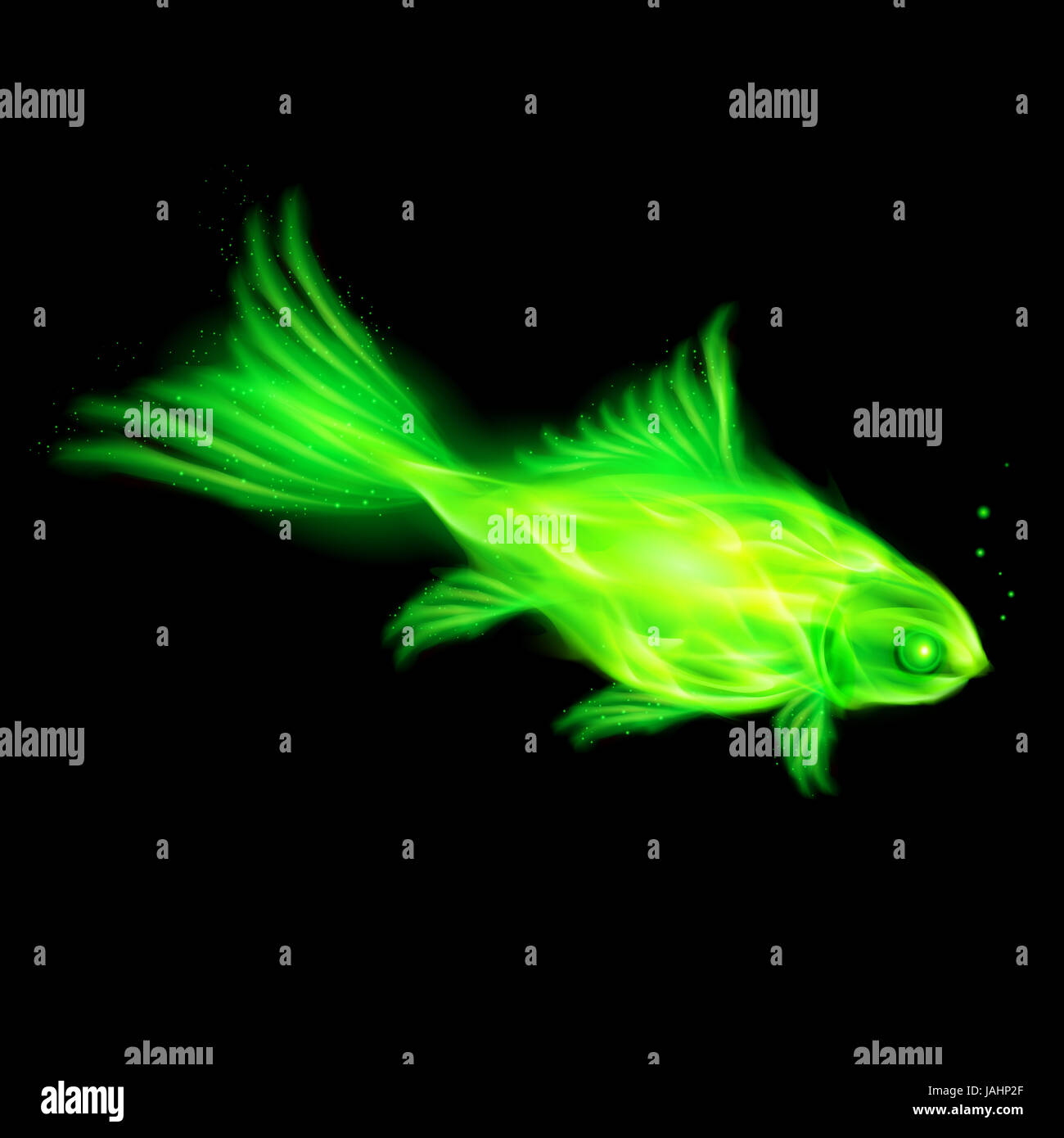 Illustration of green fire fish on black background Stock Photo - Alamy