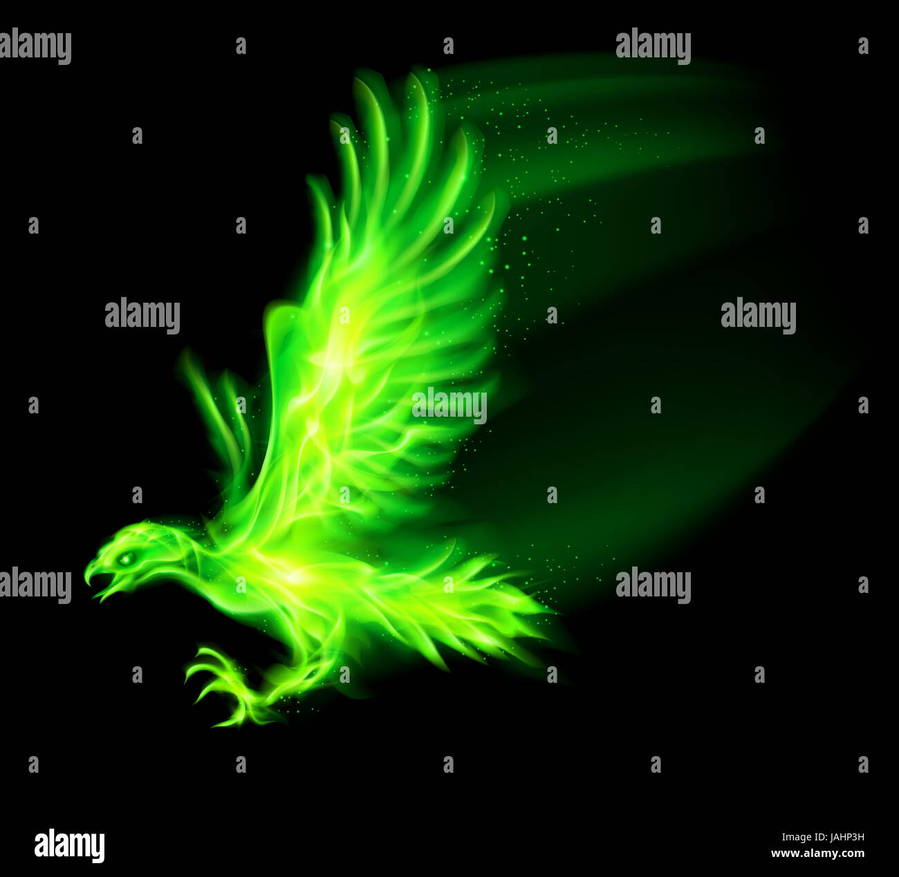 Illustration of green fire hawk on black background Stock Photo - Alamy