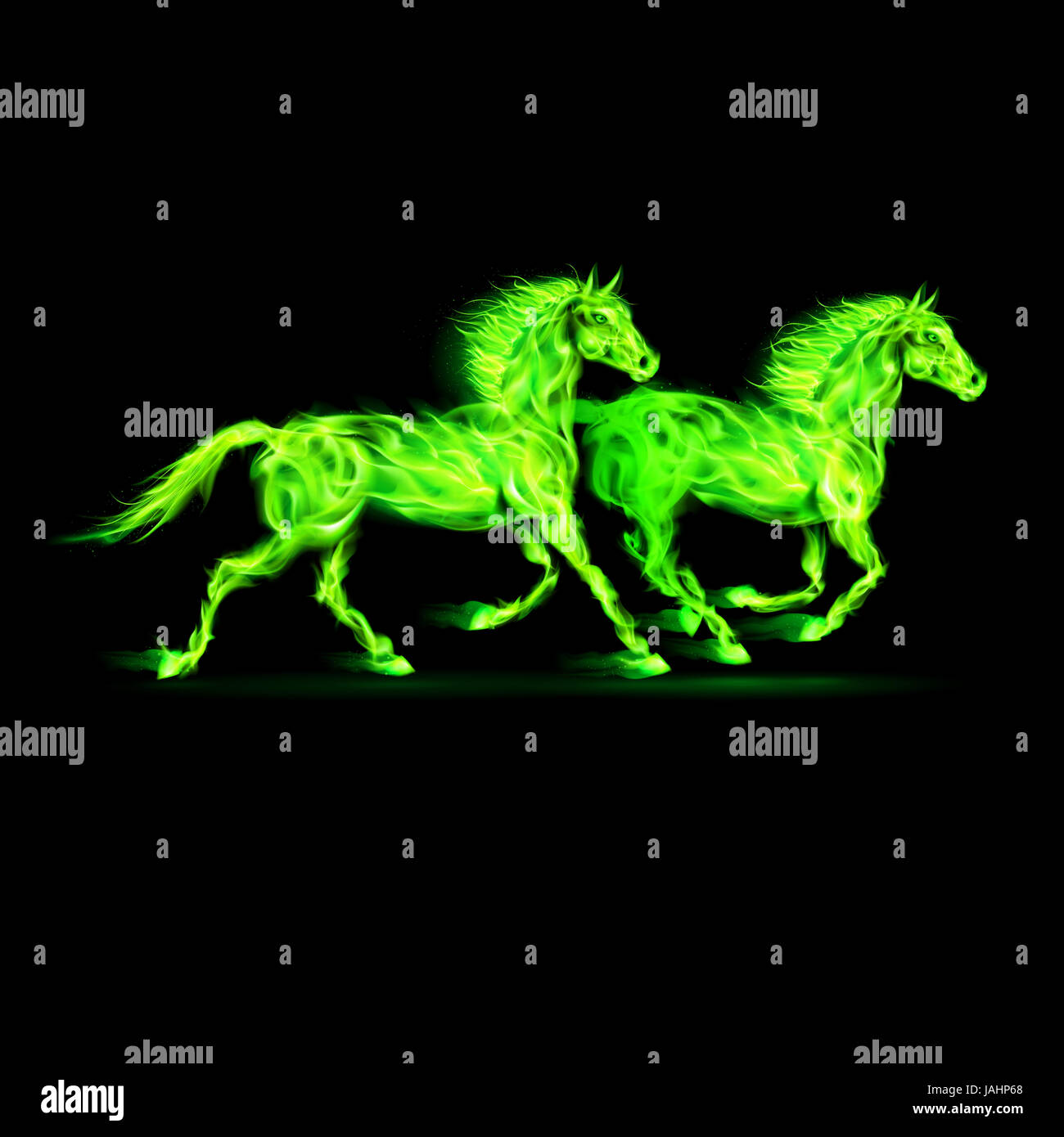 Two running fire horses in green on black background Stock Photo - Alamy