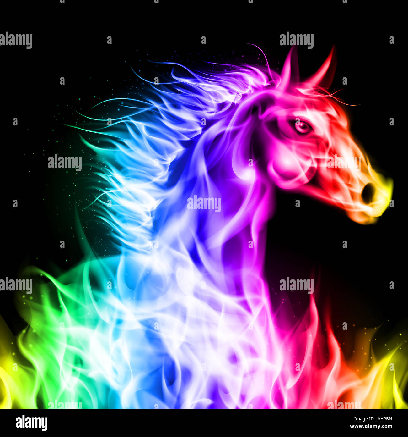 Head of fire horse in spectrum colors on black background Stock Photo ...