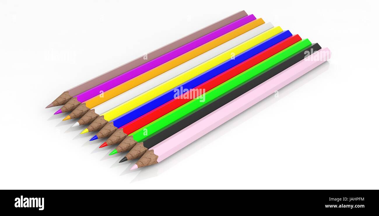 School concept - Colored pencils on white background. 3d illustration ...