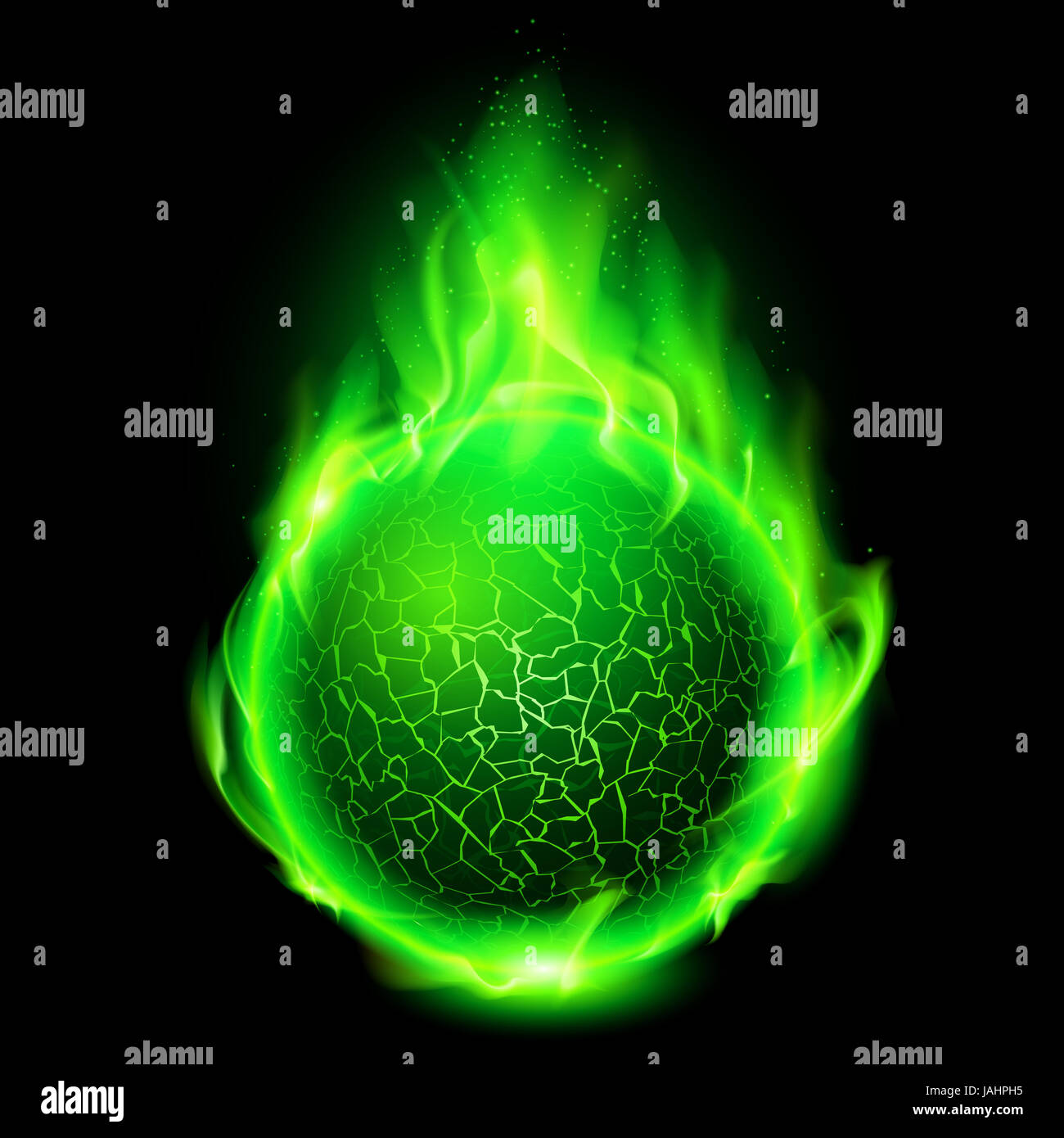 Blazing green lava ball on black background Stock Photo - Alamy