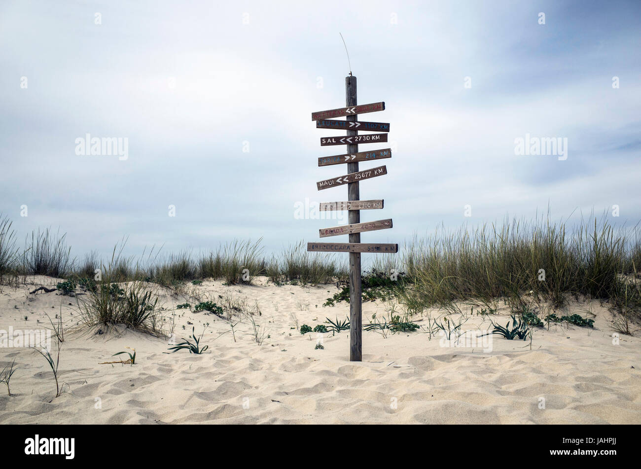 direction and distance sign post on beach Stock Photo - Alamy
