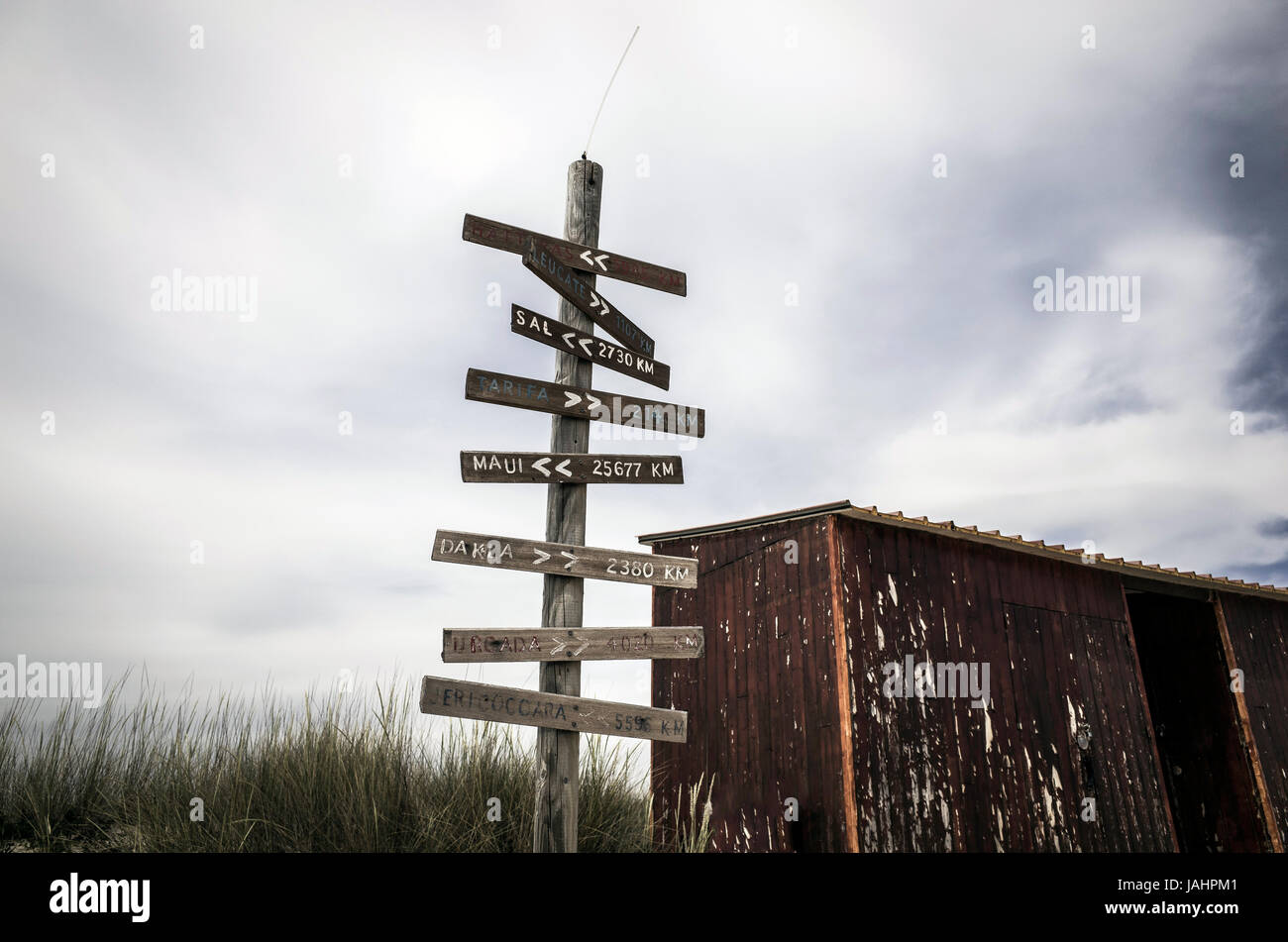 direction and distance sign post on beach Stock Photo - Alamy