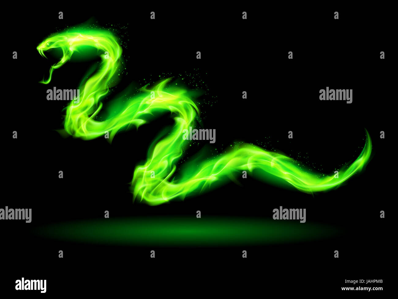 Illustration of green fire snake on black background Stock Photo - Alamy