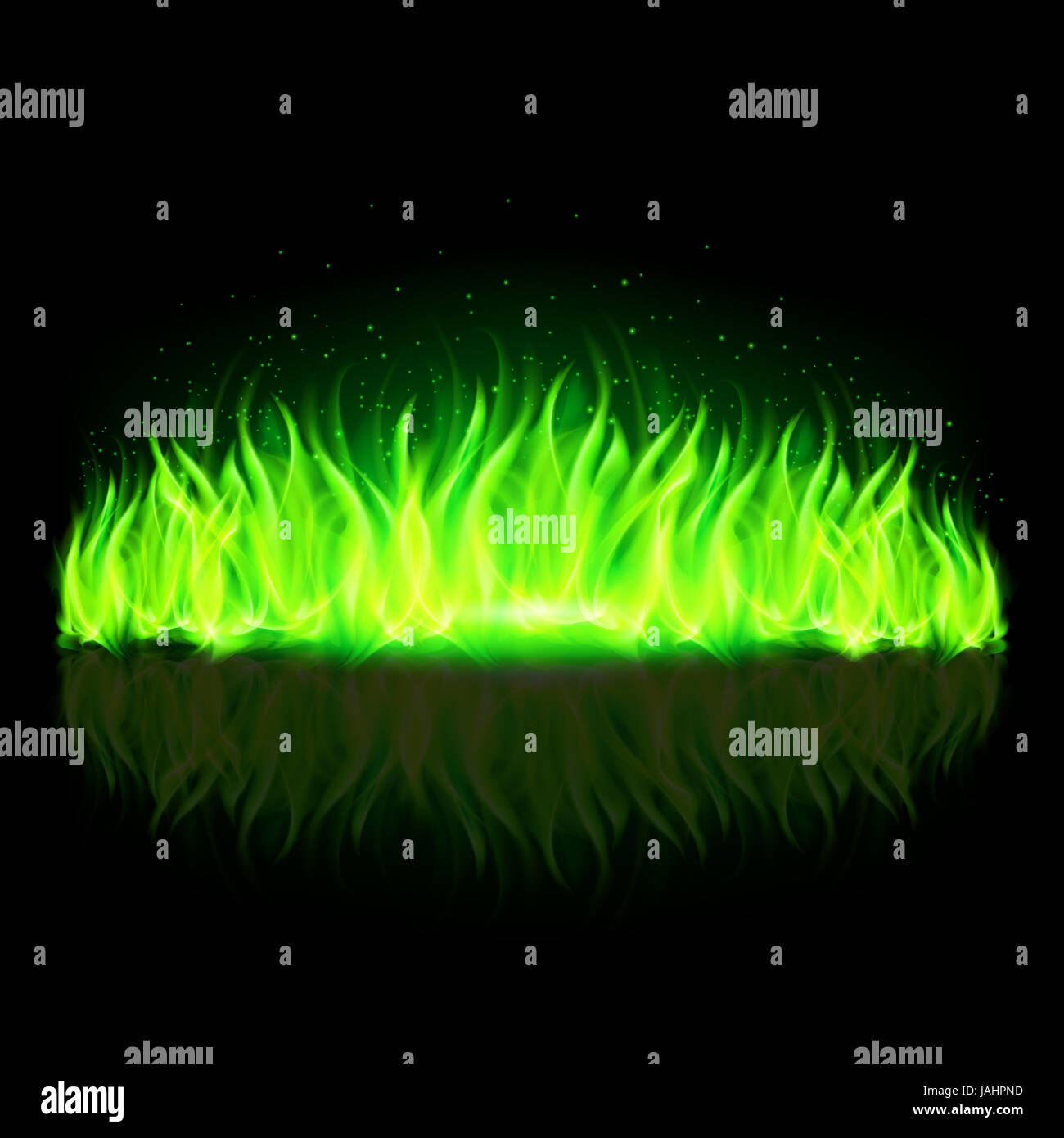 Green wall of fire with weak reflection on black background Stock Photo ...