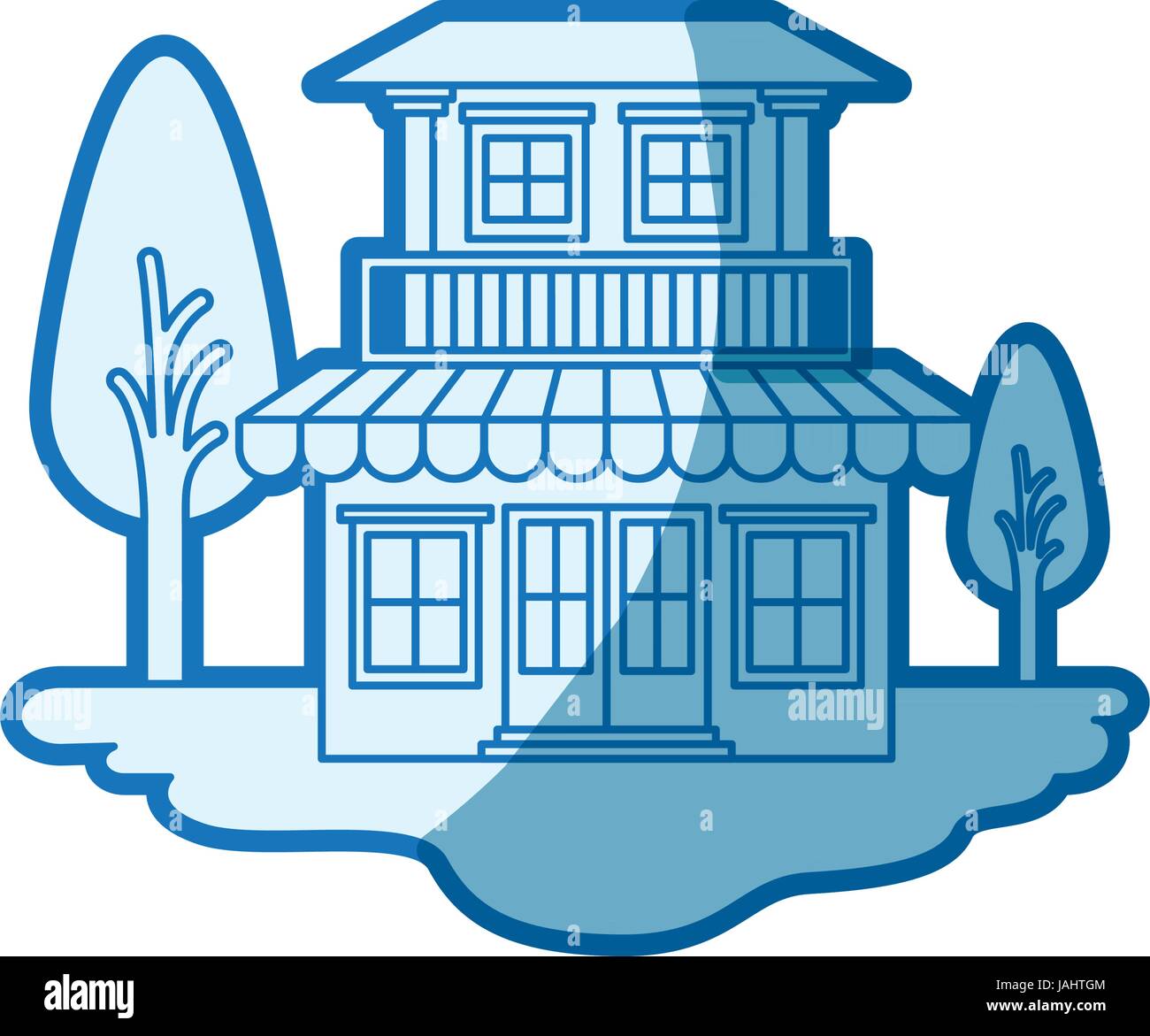 blue shading silhouette scene of outdoor landscape and house with two ...