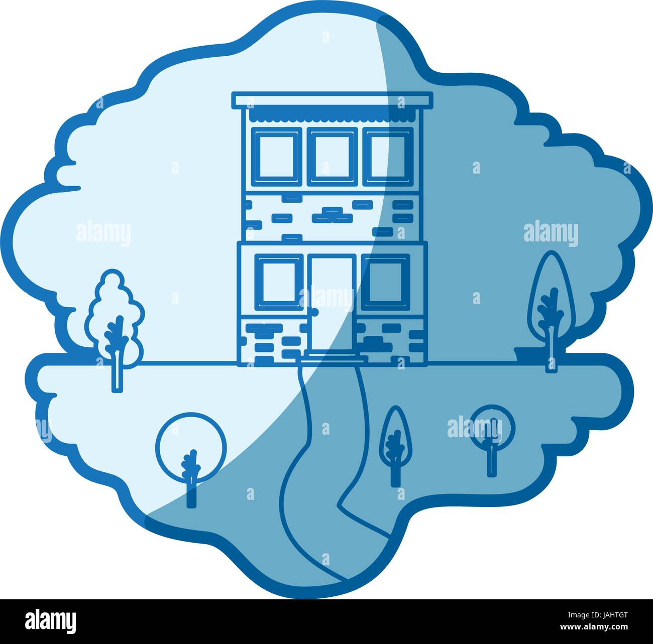 blue shading silhouette scene of natural landscape and house of two ...