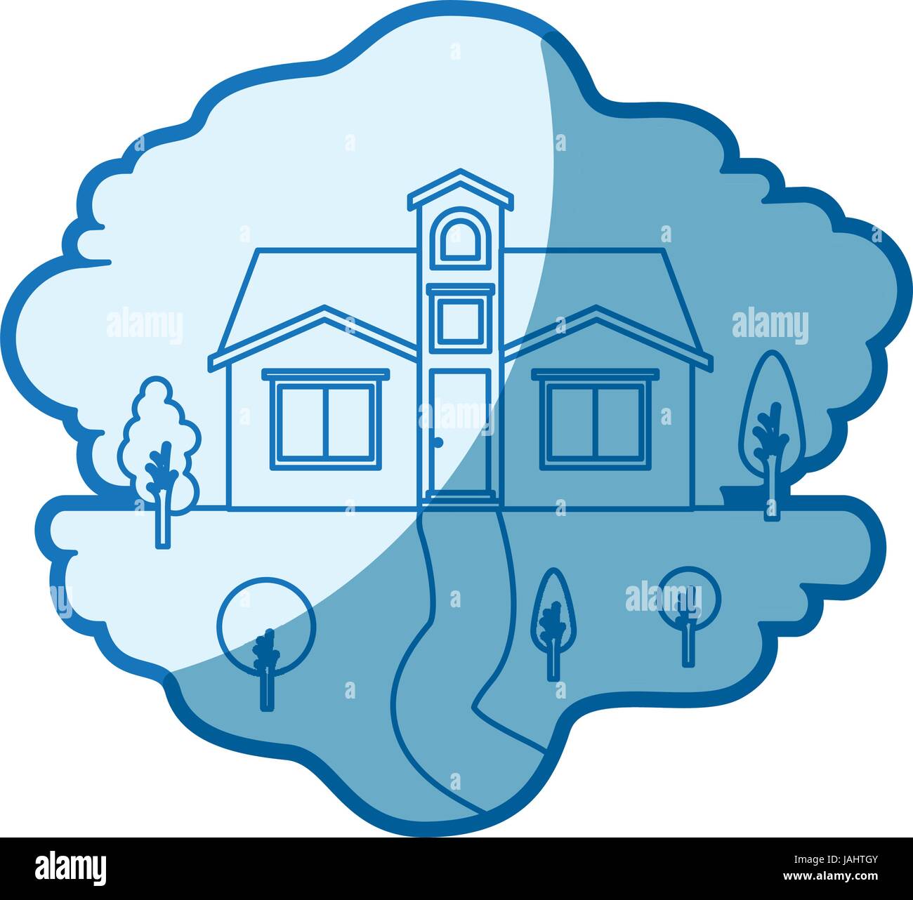 blue shading silhouette scene of natural landscape and facade house ...