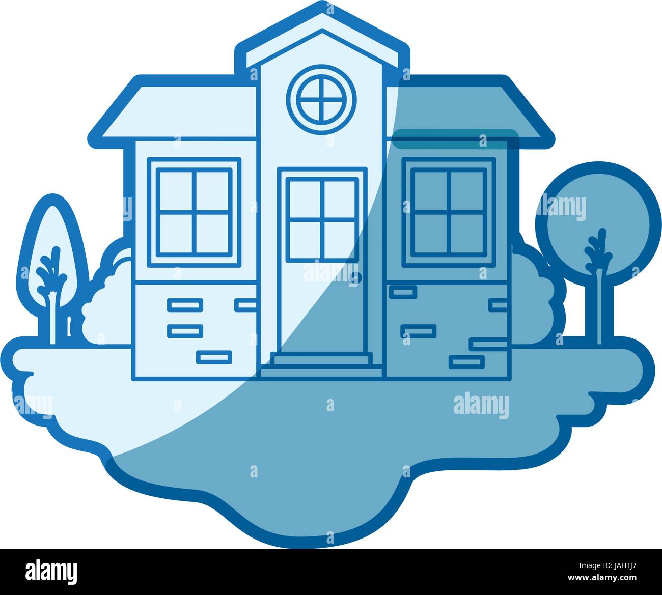blue shading silhouette scene of outdoor landscape and small house ...