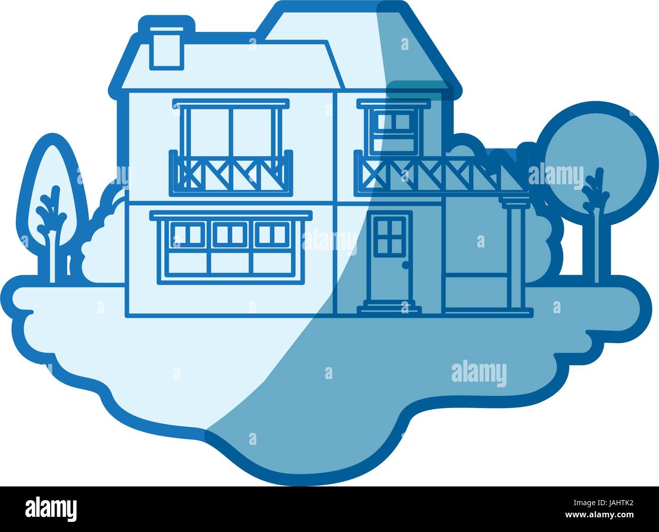 blue shading silhouette scene of outdoor landscape and country house of ...