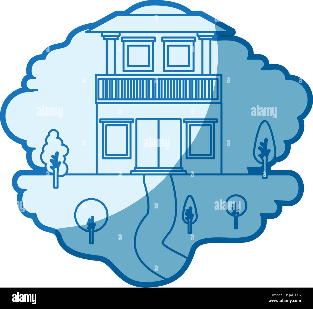 blue shading silhouette scene of natural landscape and house with two ...