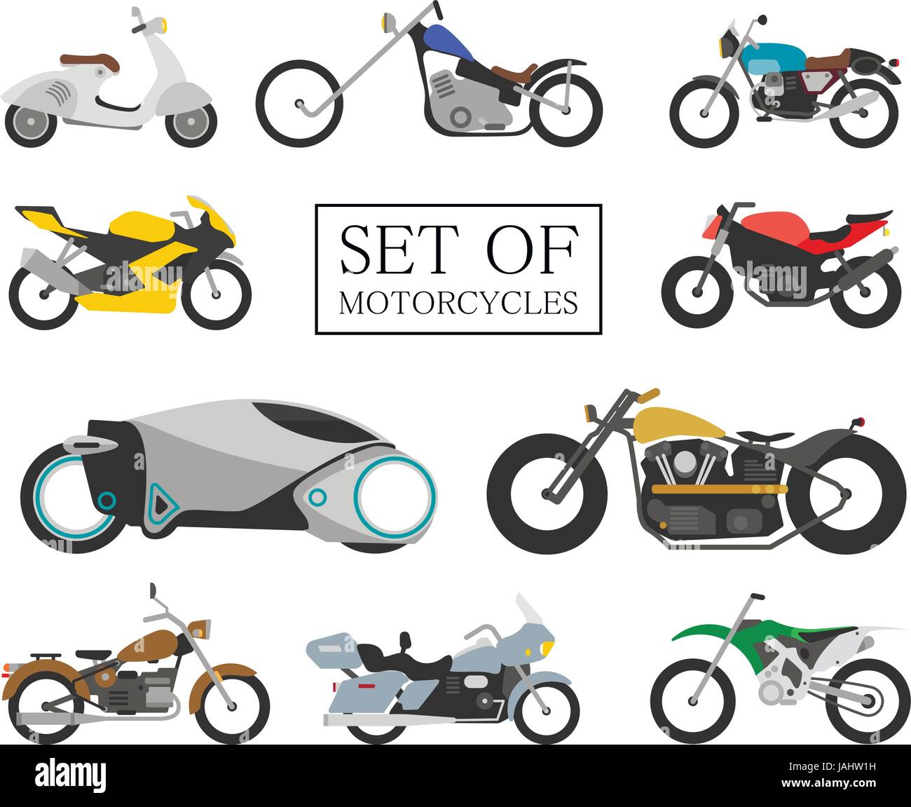 Set of motorcycle icons. retro and modern flat bikes. racing and street ...