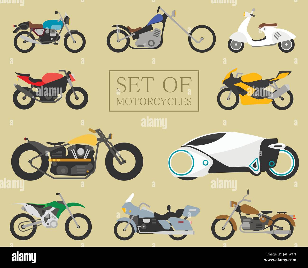 Set of motorcycle icons. retro and modern flat bikes. racing and street ...