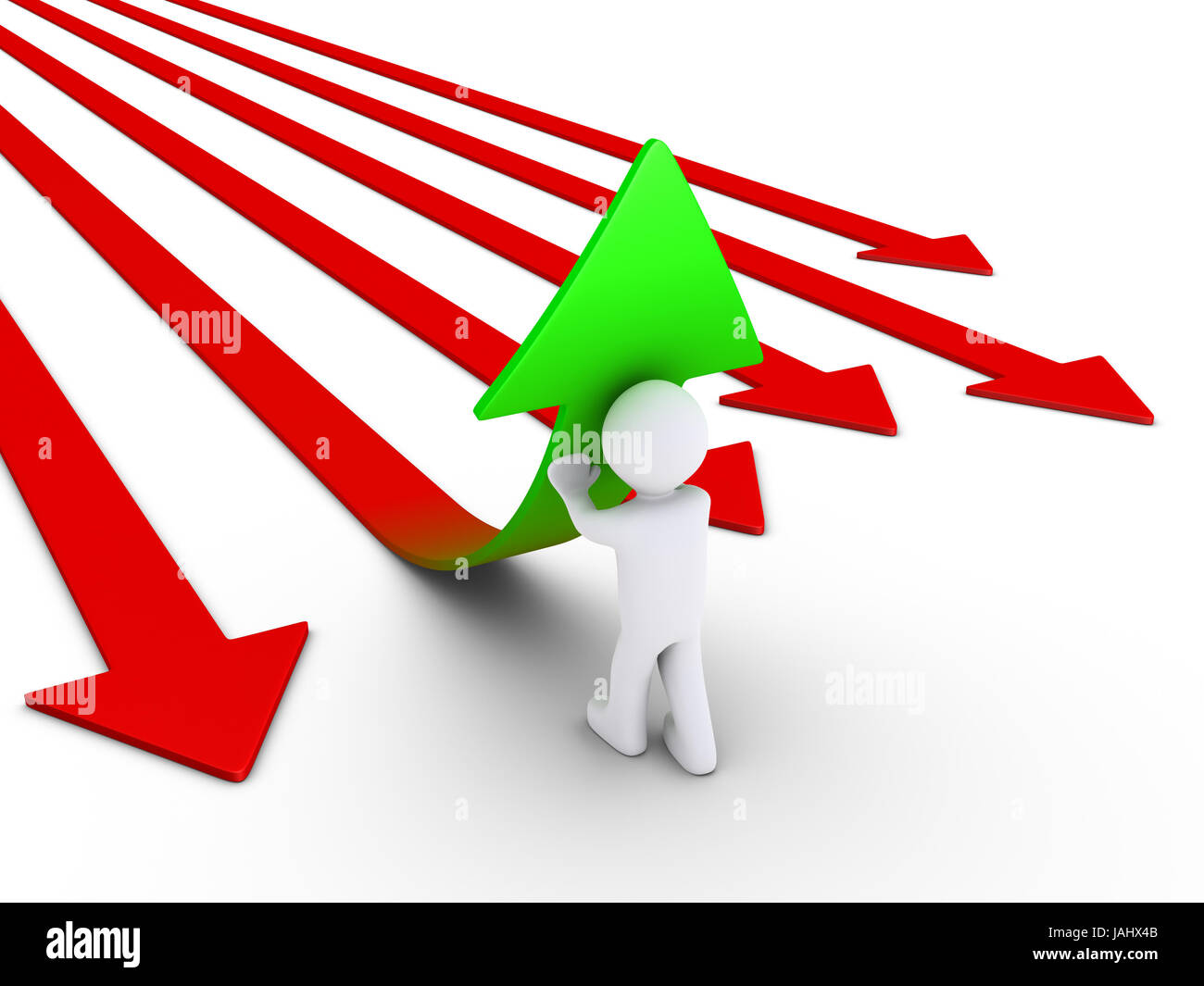 Many arrows on the ground but one is raised by a 3d person Stock Photo ...