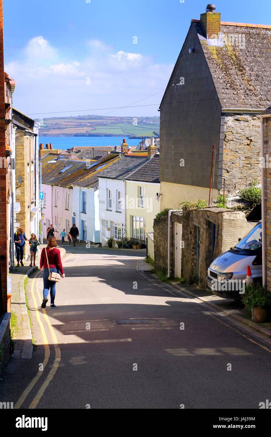 Padstow, Cornwall, UK - April 6th 2017: Cross Street, a quaint narrow ...