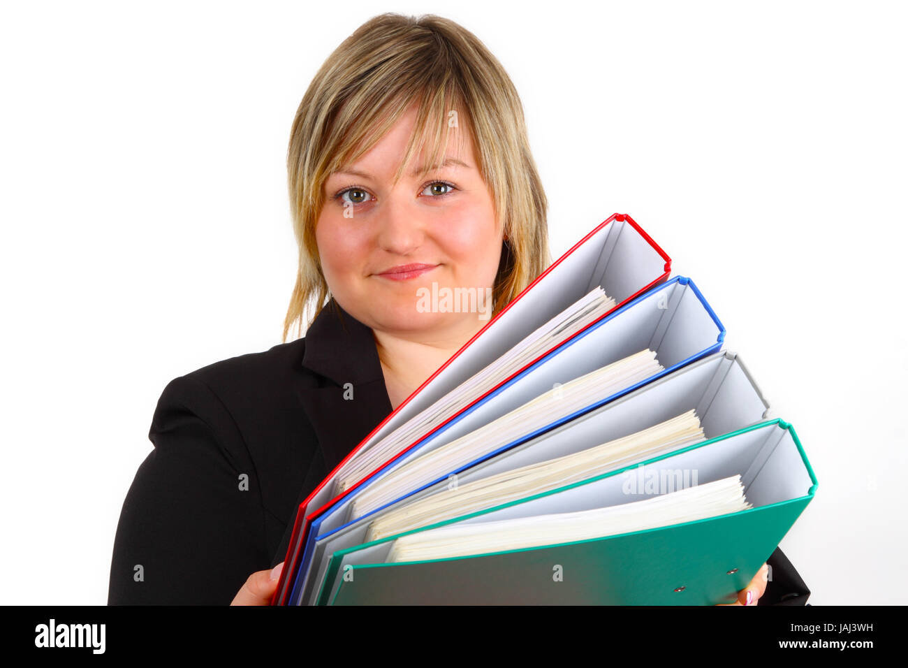 Young woman holding folders on white background Stock Photo - Alamy