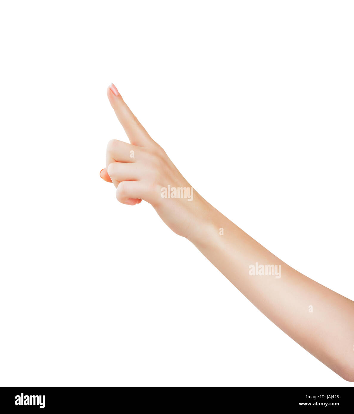 A woman points a finger upwards at Copyspace on a white background ...