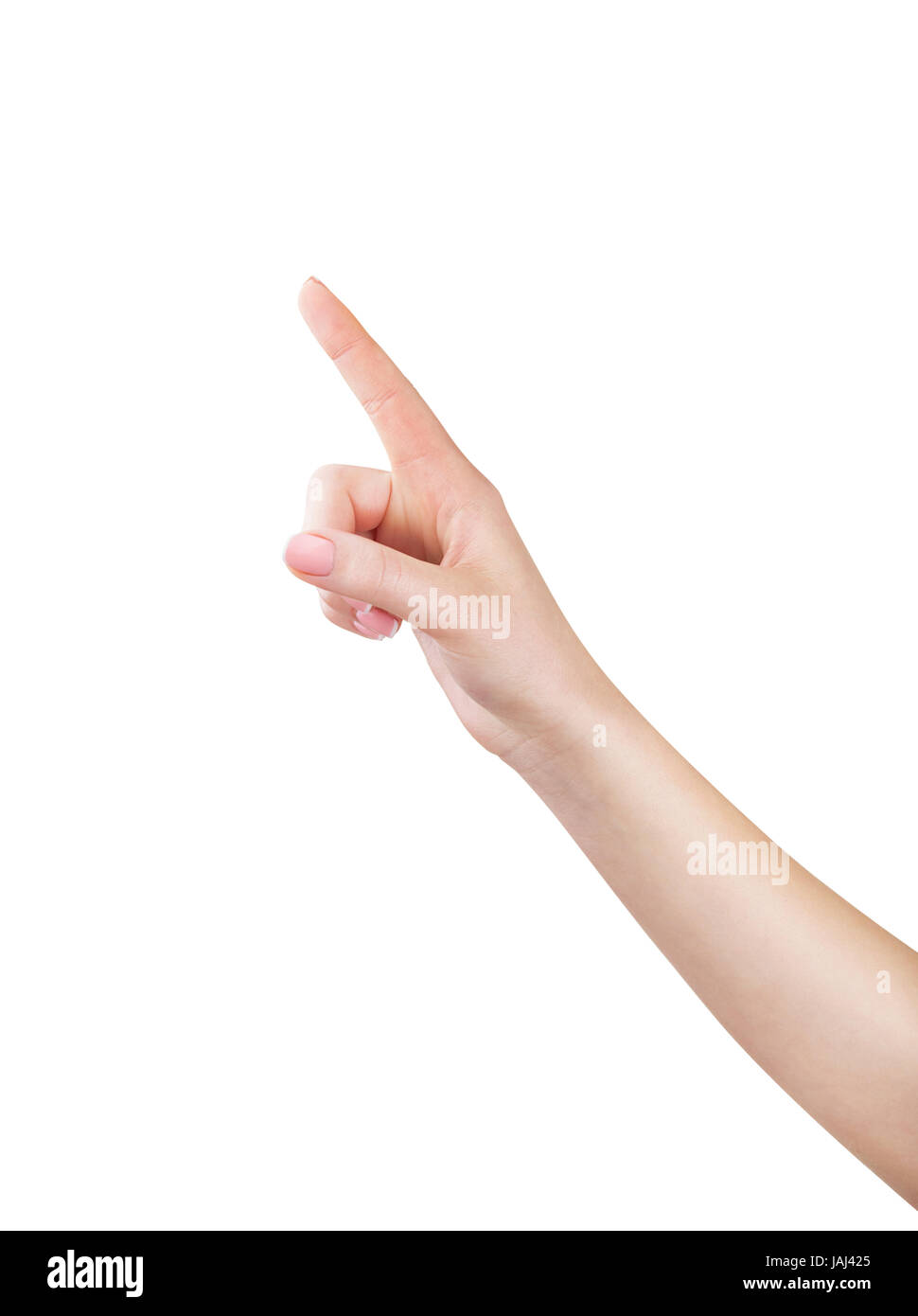 A woman points a finger upwards at Copyspace on a white background ...