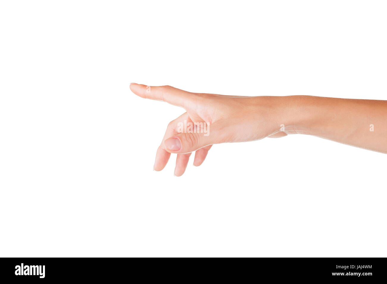 Woman hand touching virtual screen isolated on white background Stock ...