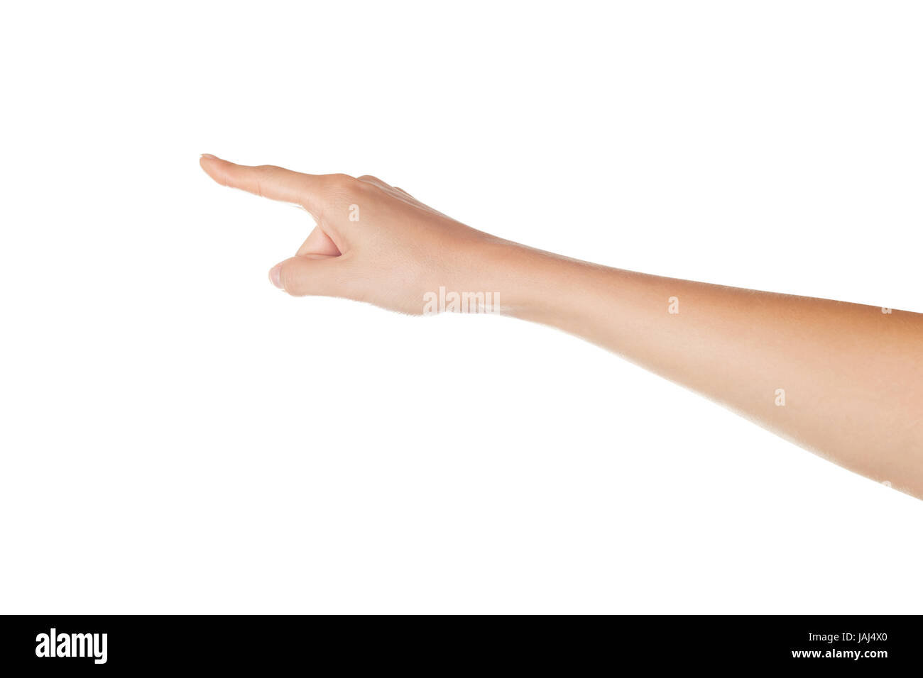 Woman hand touching virtual screen isolated on white background Stock ...