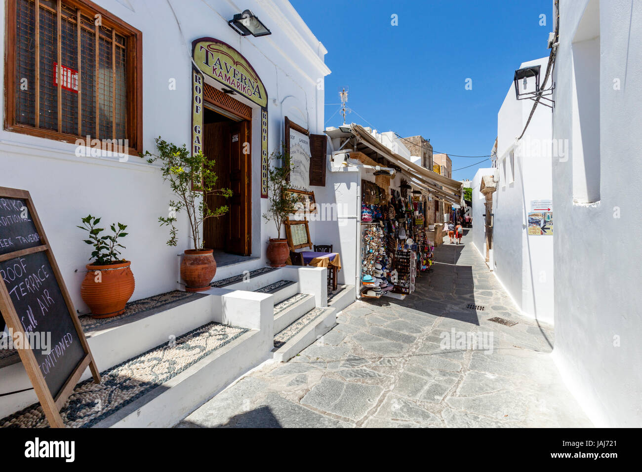 Restaurant and Shops In Lindos, Rhodes, Greece Stock Photo - Alamy