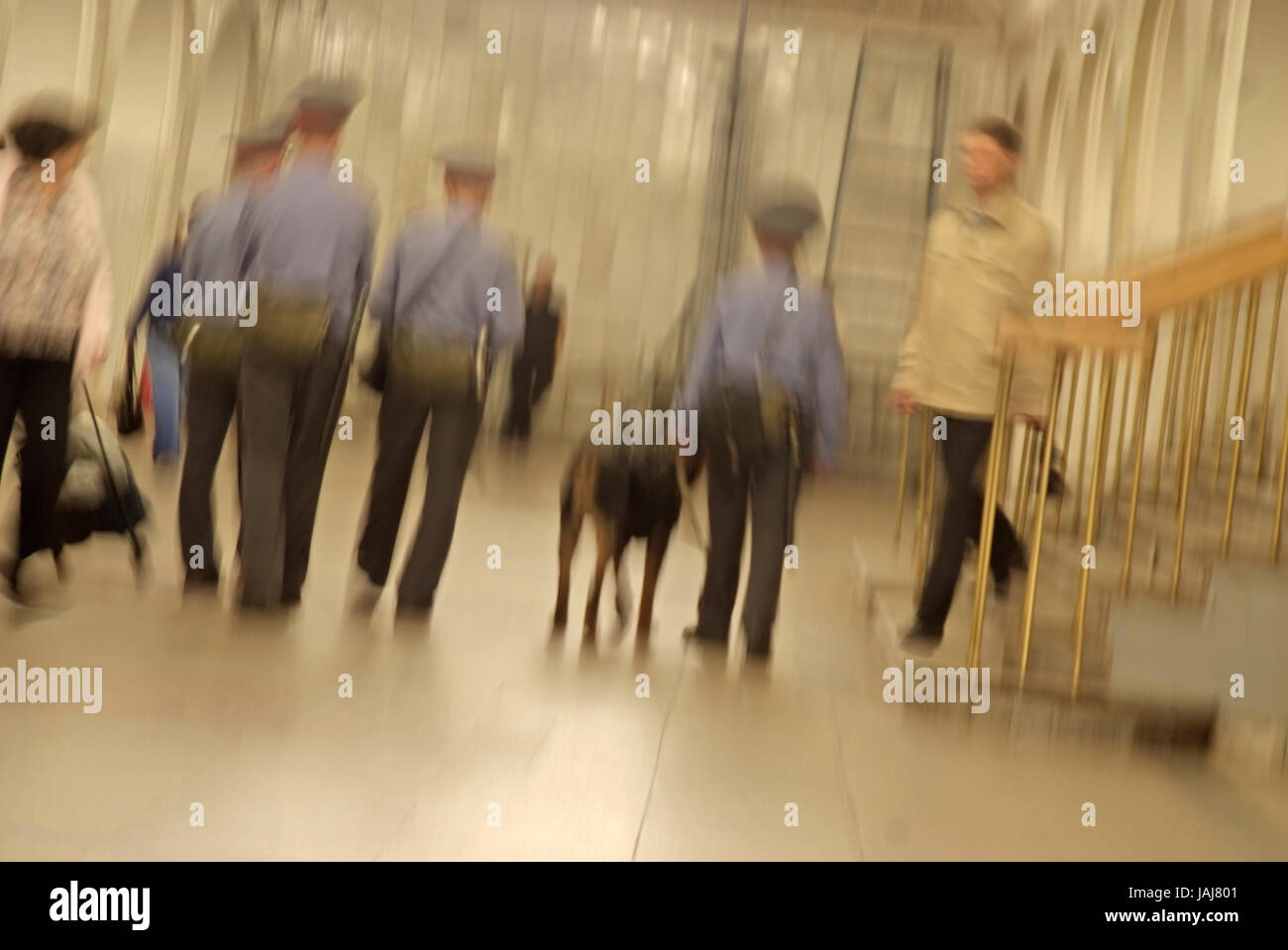 Moscow Metro, metro police with dog in a metro station on a inspection ...