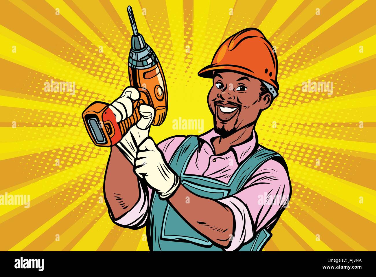 Construction African American worker with the drill Stock Vector Image ...