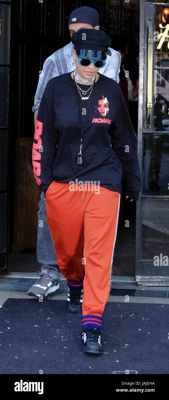 Rita Ora leaving her hotel in a colorful outfit Featuring: Rita Ora ...