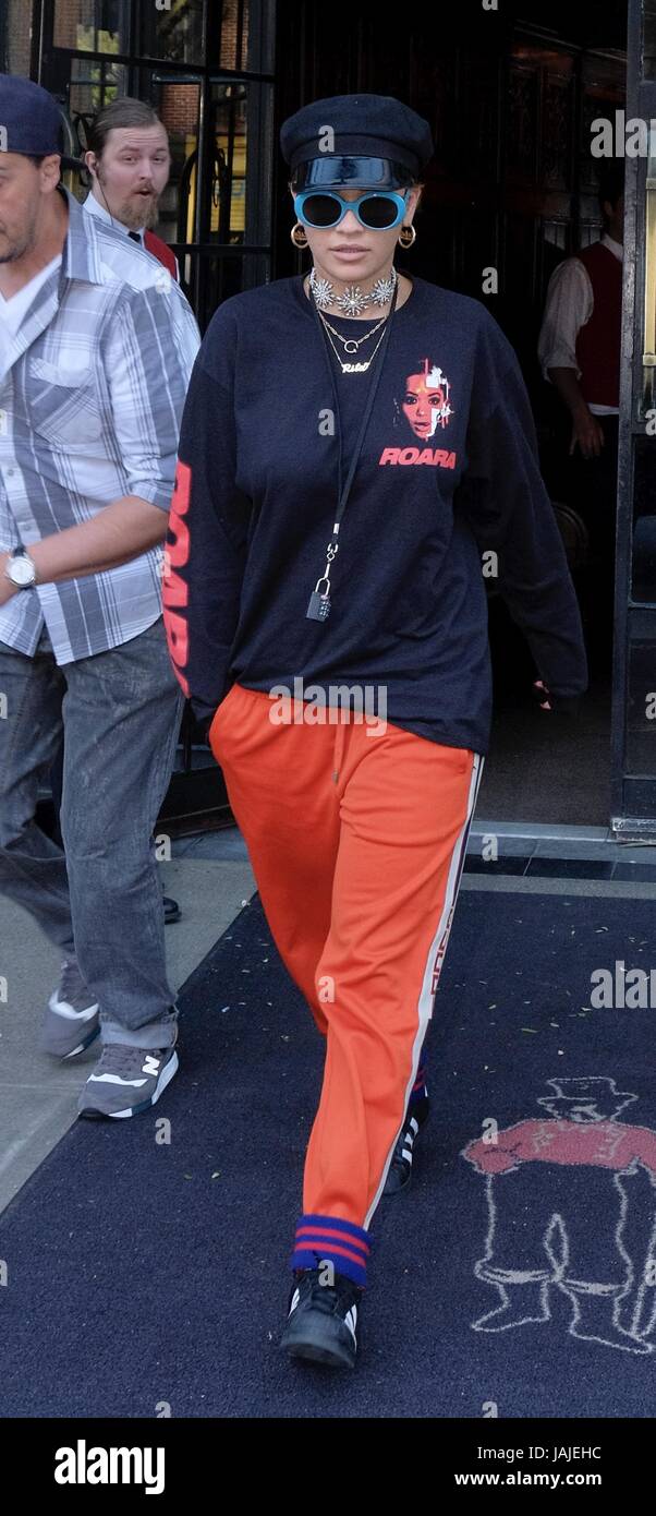 Rita Ora leaving her hotel in a colorful outfit Featuring: Rita Ora ...