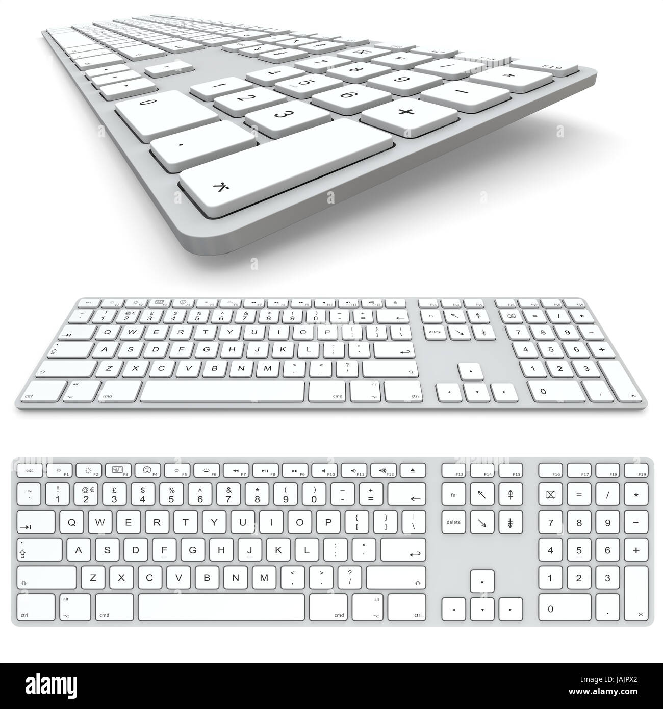 Computer keyboard isolated on white background. Top view, frontal view ...