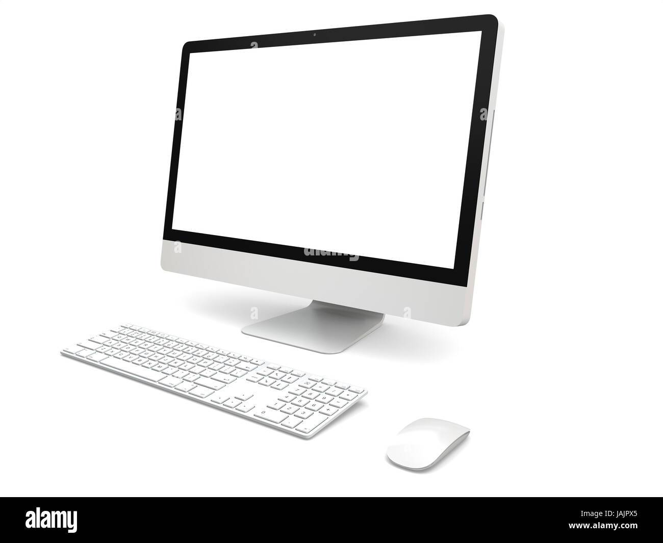 Modern desktop computer with white blank screen isolated on white ...