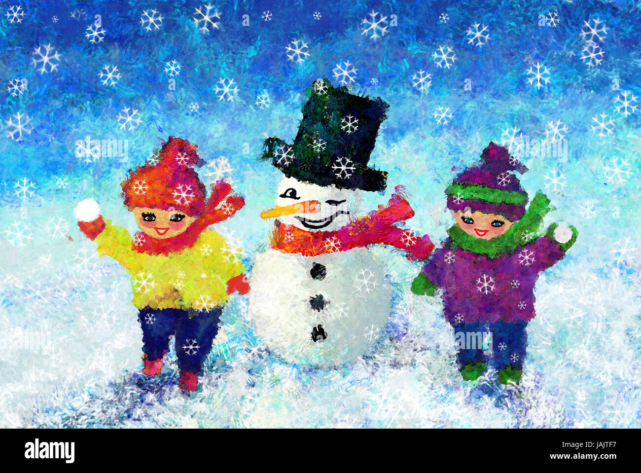 Illustration,children,happily,snowballs,snowman,wink,play snowflakes ...
