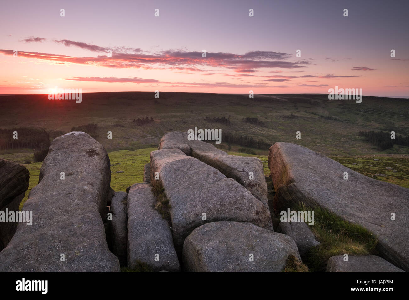 sunrise over Burbage Rocks from Higger Tor, Peak District, UK Stock ...