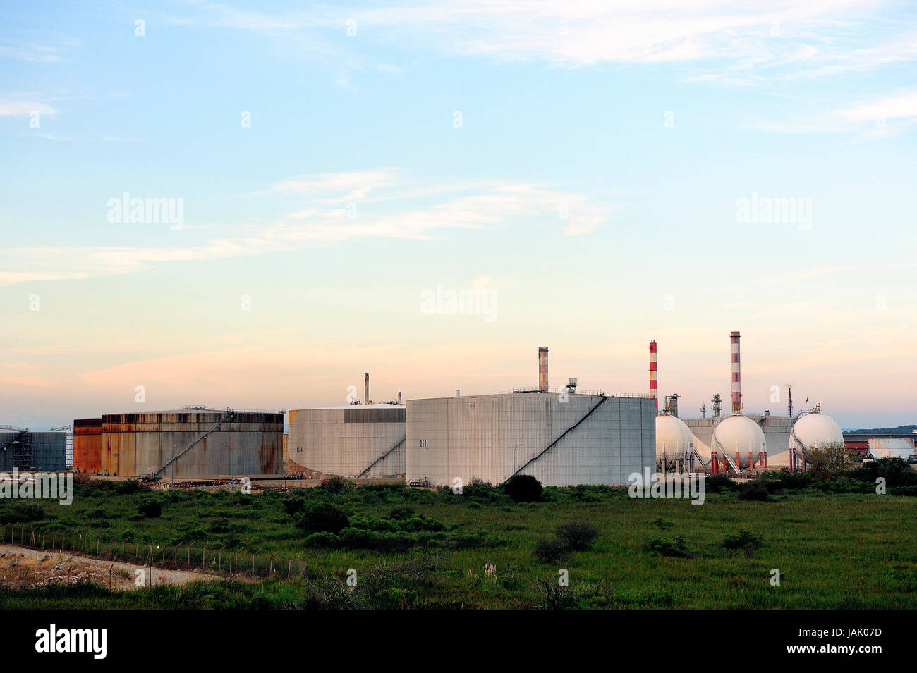 French oil refinery in Fos on sea beside Marseille. Tanks of storage ...