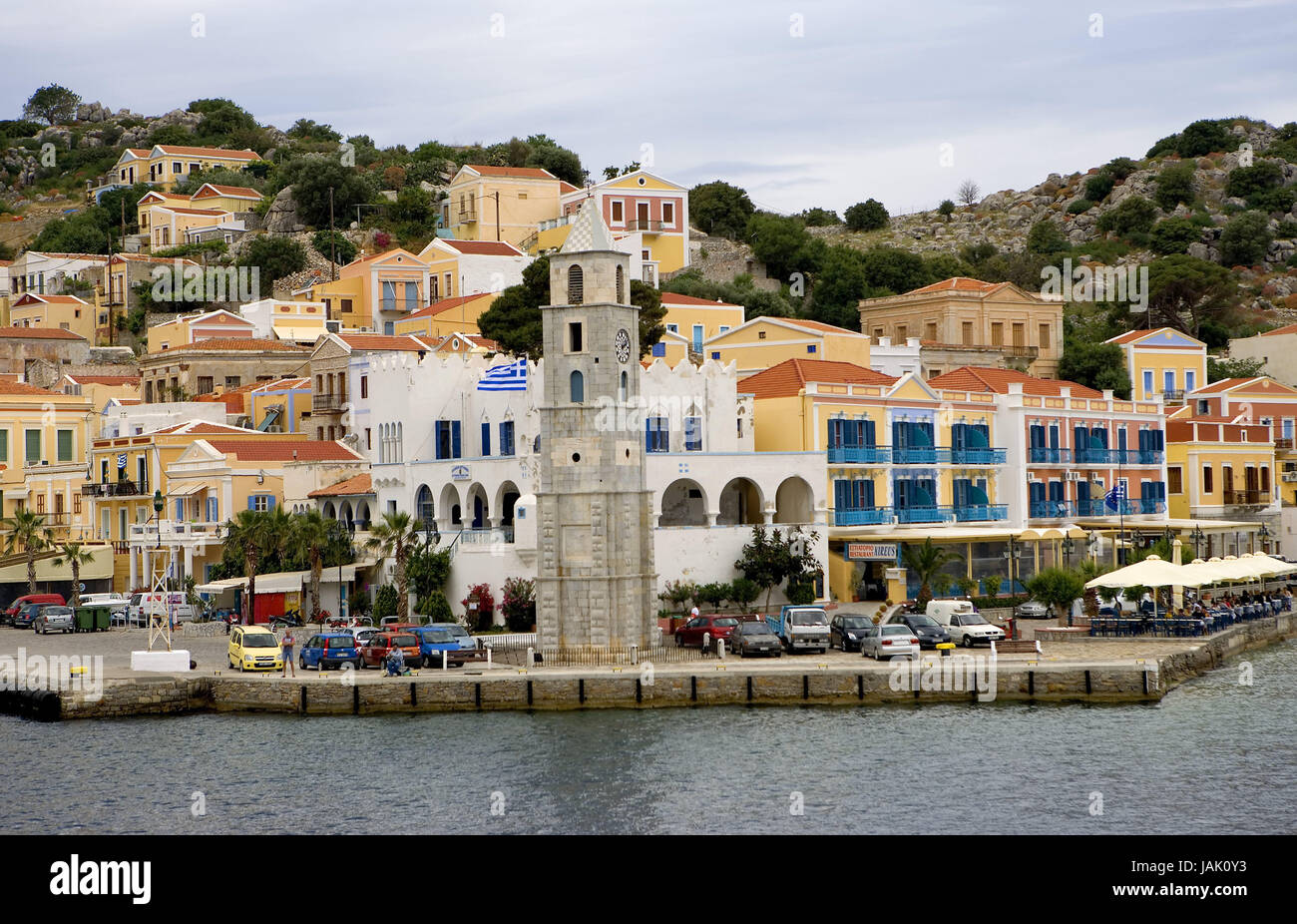 Greece,Rhodes,island Symi,sea,harbour,clock tower,Symi town,houses ...