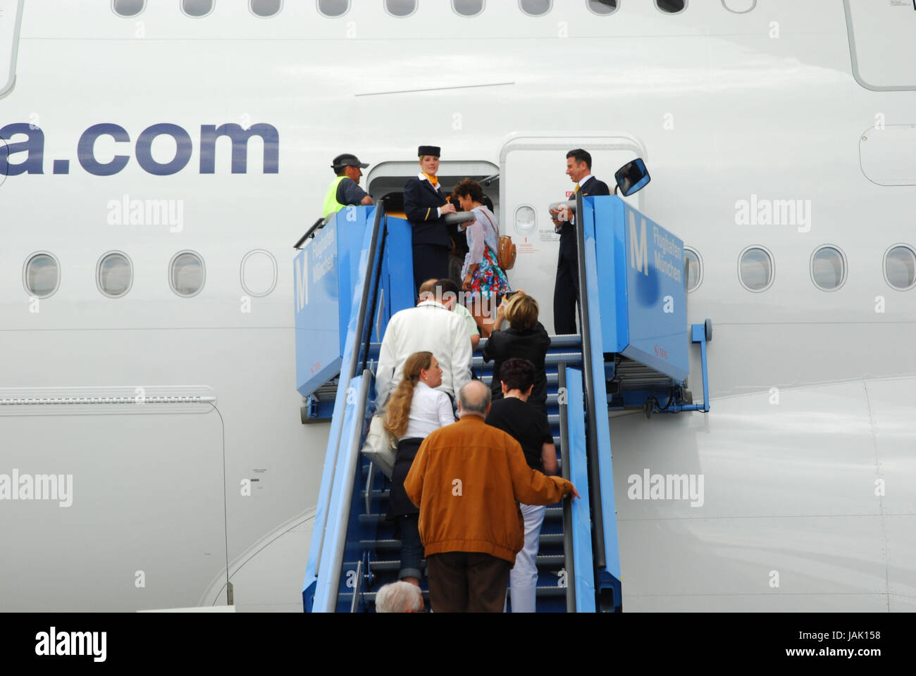 Civil aviation,Lufthansa airbus A380,body,detail,gangway,passengers ...