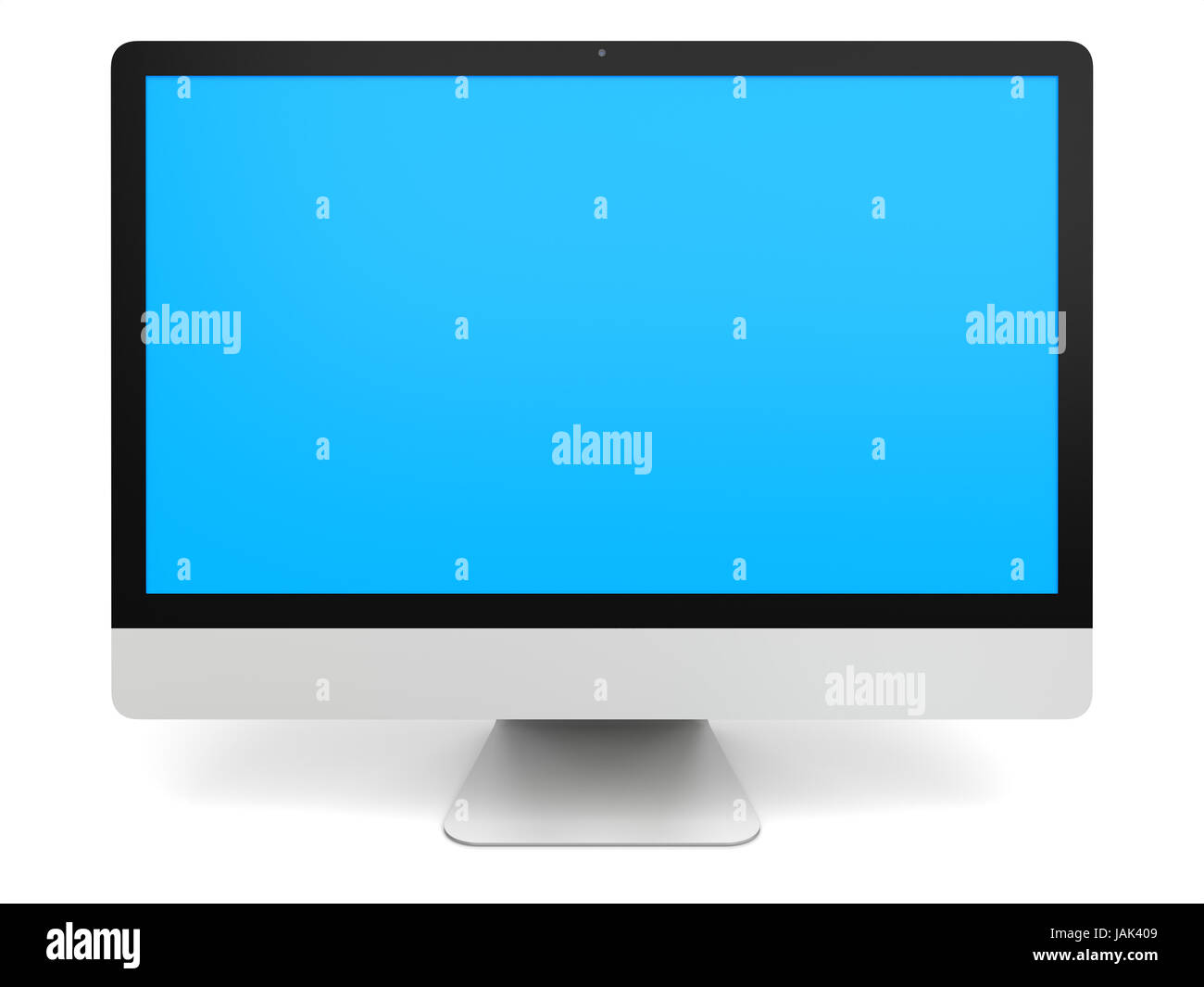 Modern desktop computer with blue screen isolated on white background ...