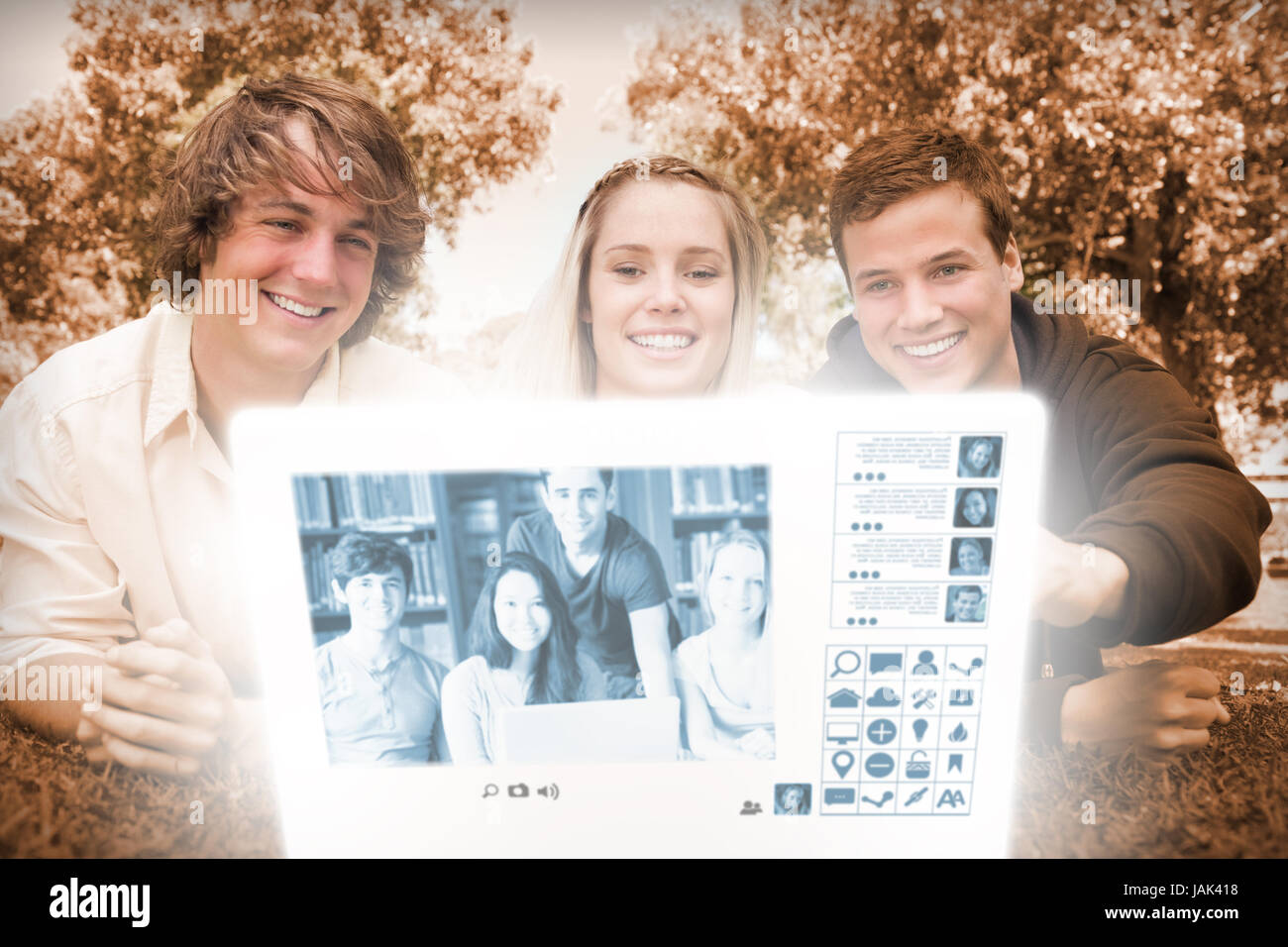 Happy college friends watching photos together on digital interface in ...