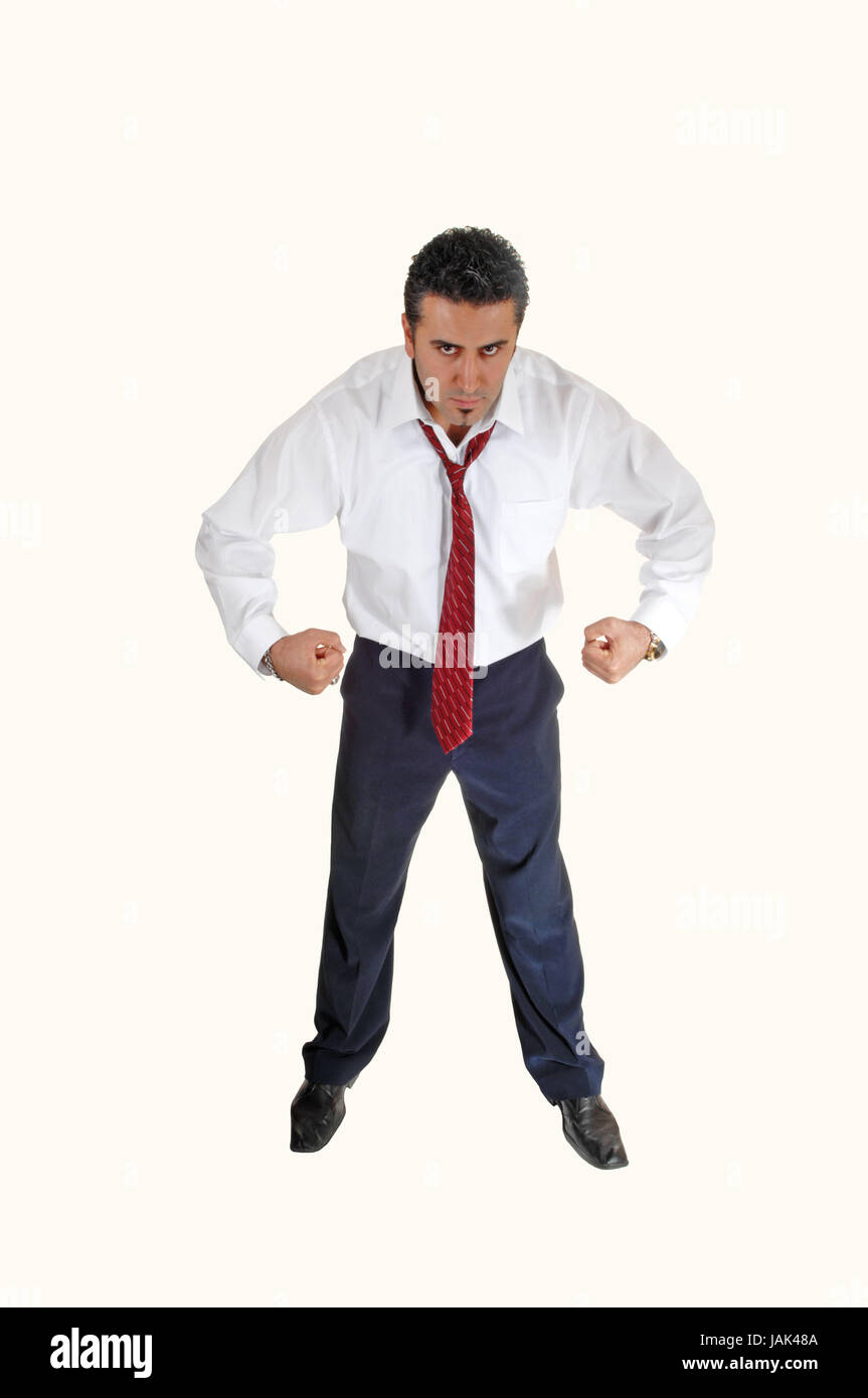 A very angry man in a white shirt and blue pants standing for white ...