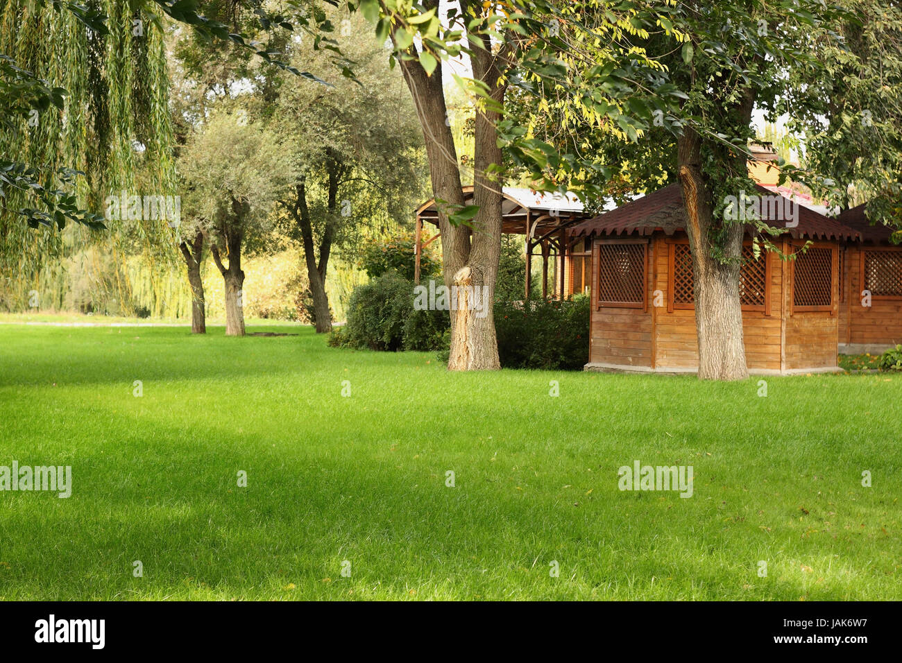 wooden gazebo on the green lawn with tree Stock Photo - Alamy