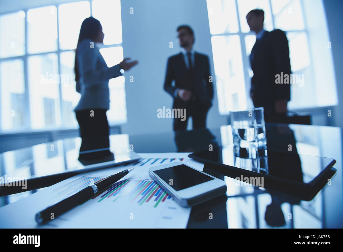 Close-up of business objects at workplace on background of office ...