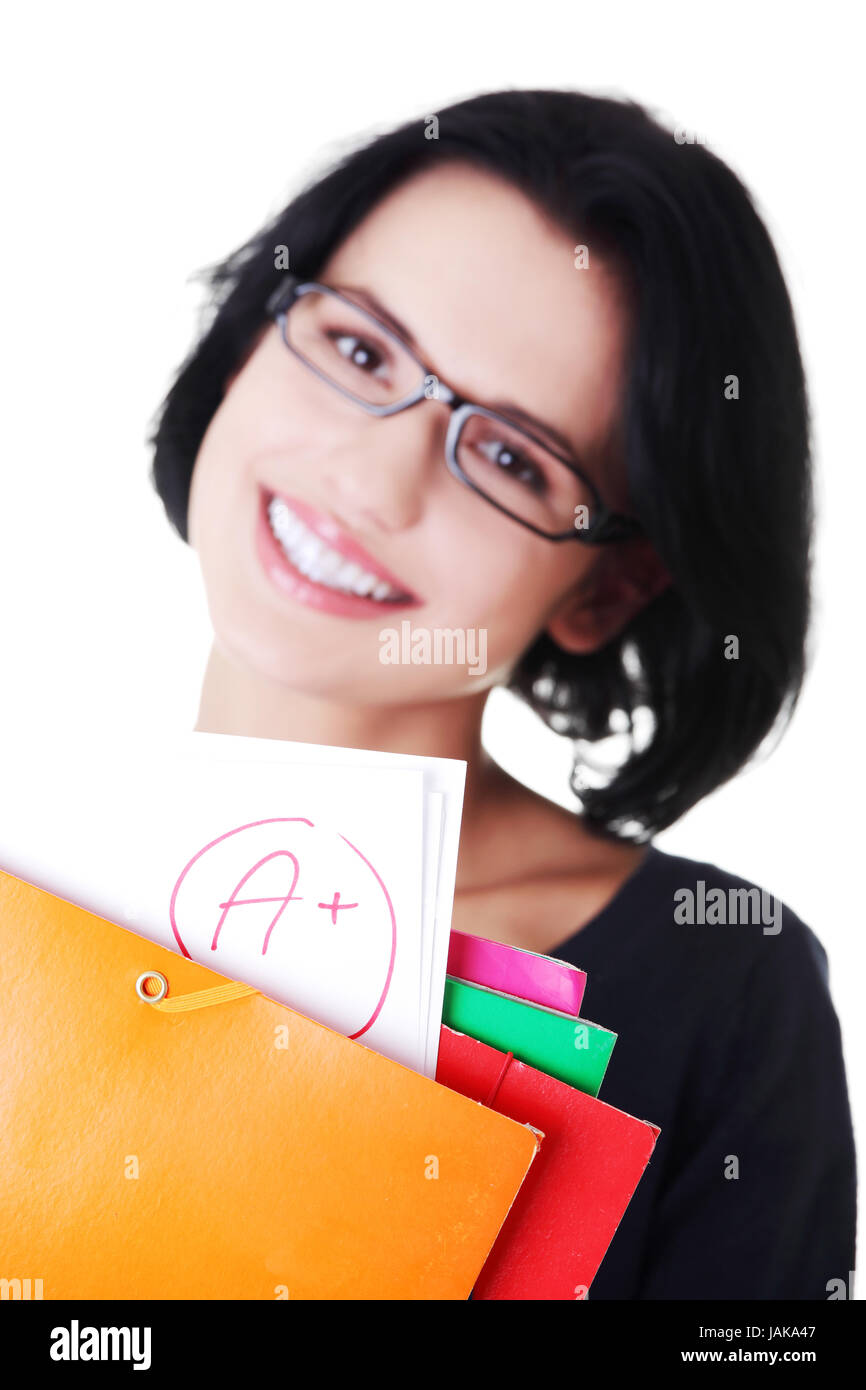 Casual young woman showing her perfect exam result. Isolated on white ...