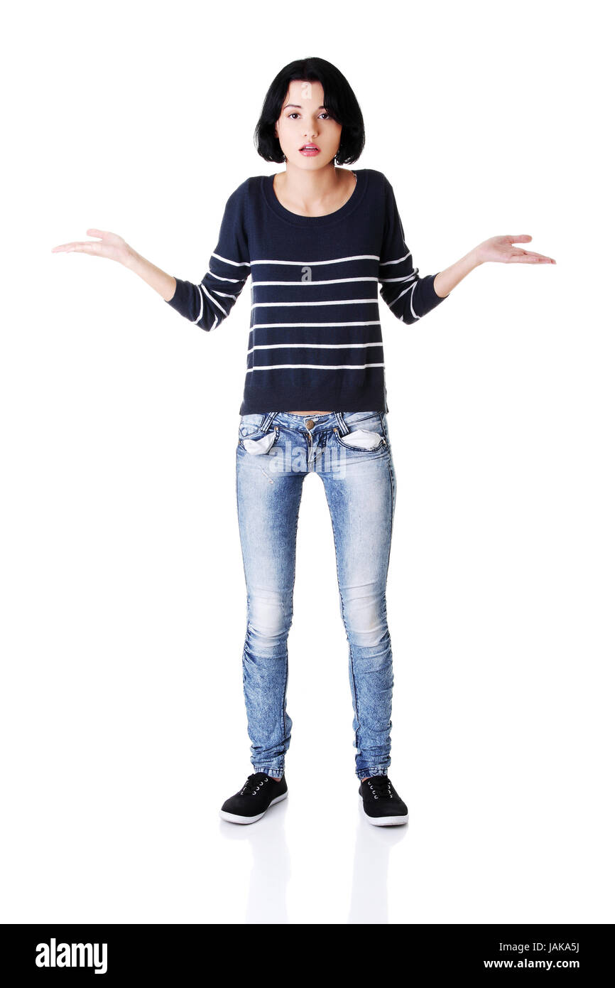 Young woman spreading her arms and hands. isolated on white Stock Photo ...