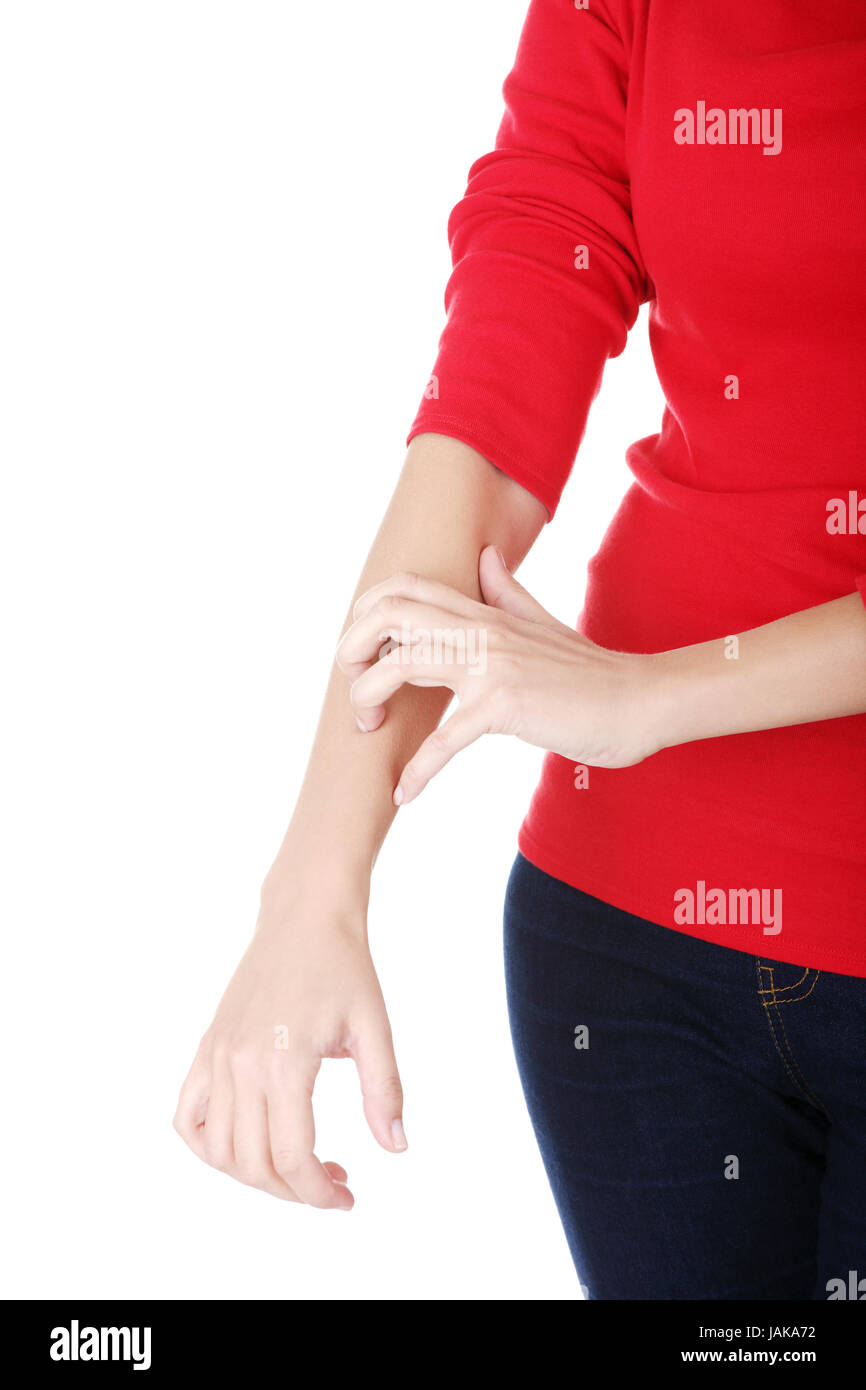 Attractive woman scratching herself. Hand closeup. Isolated on white ...