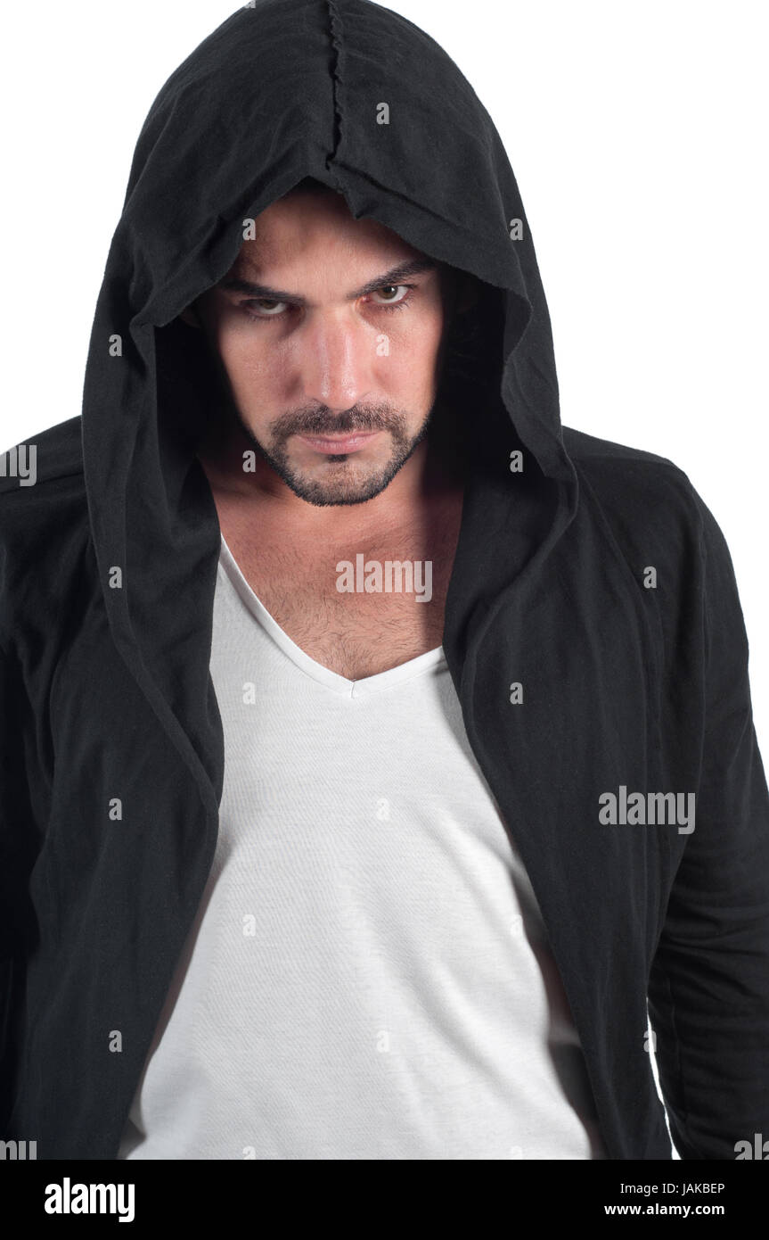 Portrait of a young angry man in the hood Stock Photo - Alamy