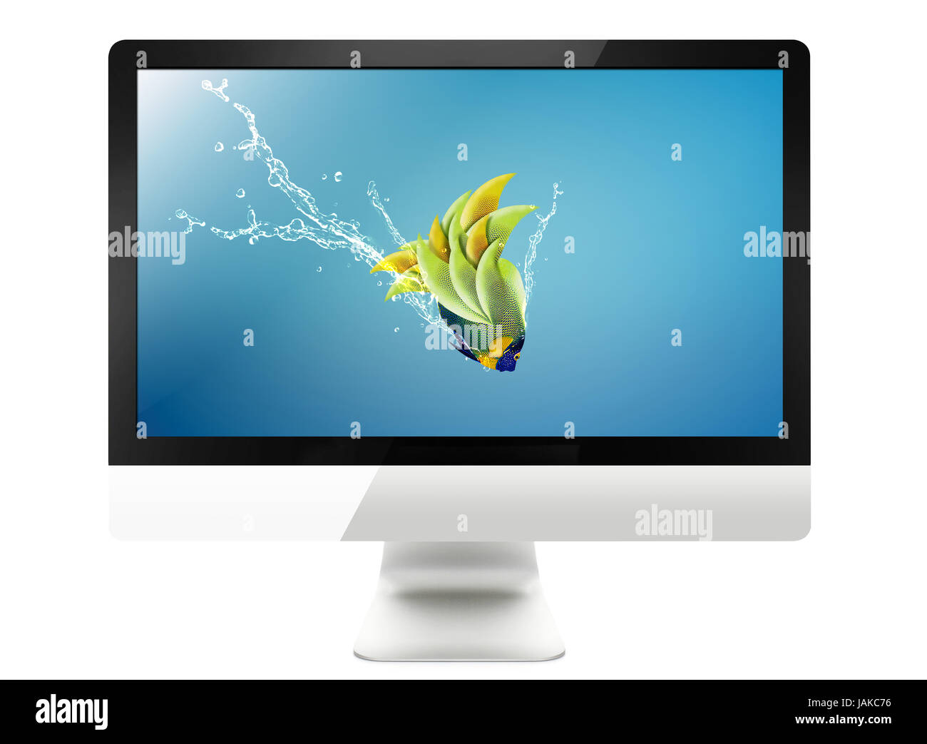 Black LCD tv screen and fish with water splash . (with clipping work ...